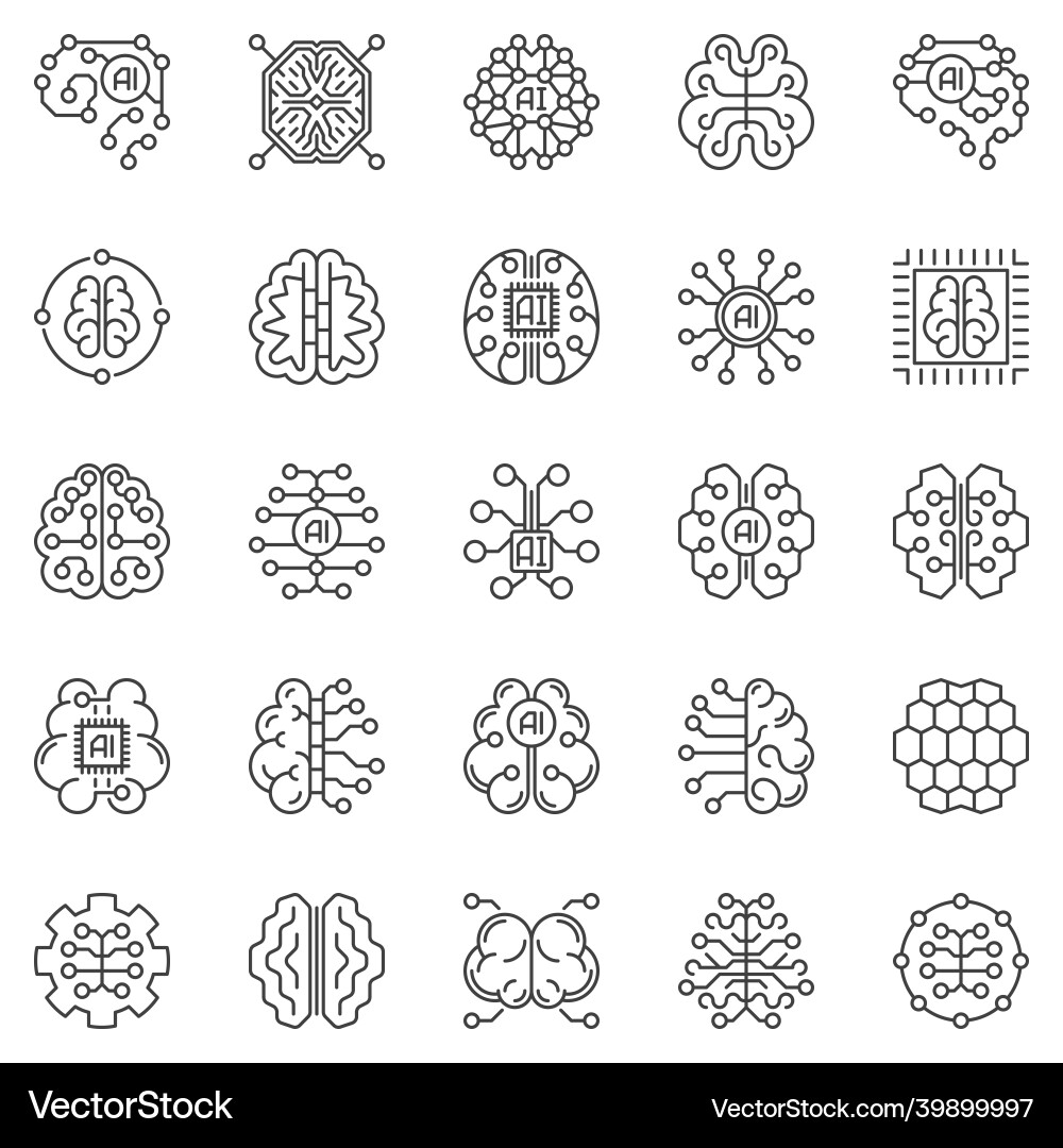 Ai digital brain line icons set Royalty Free Vector Image