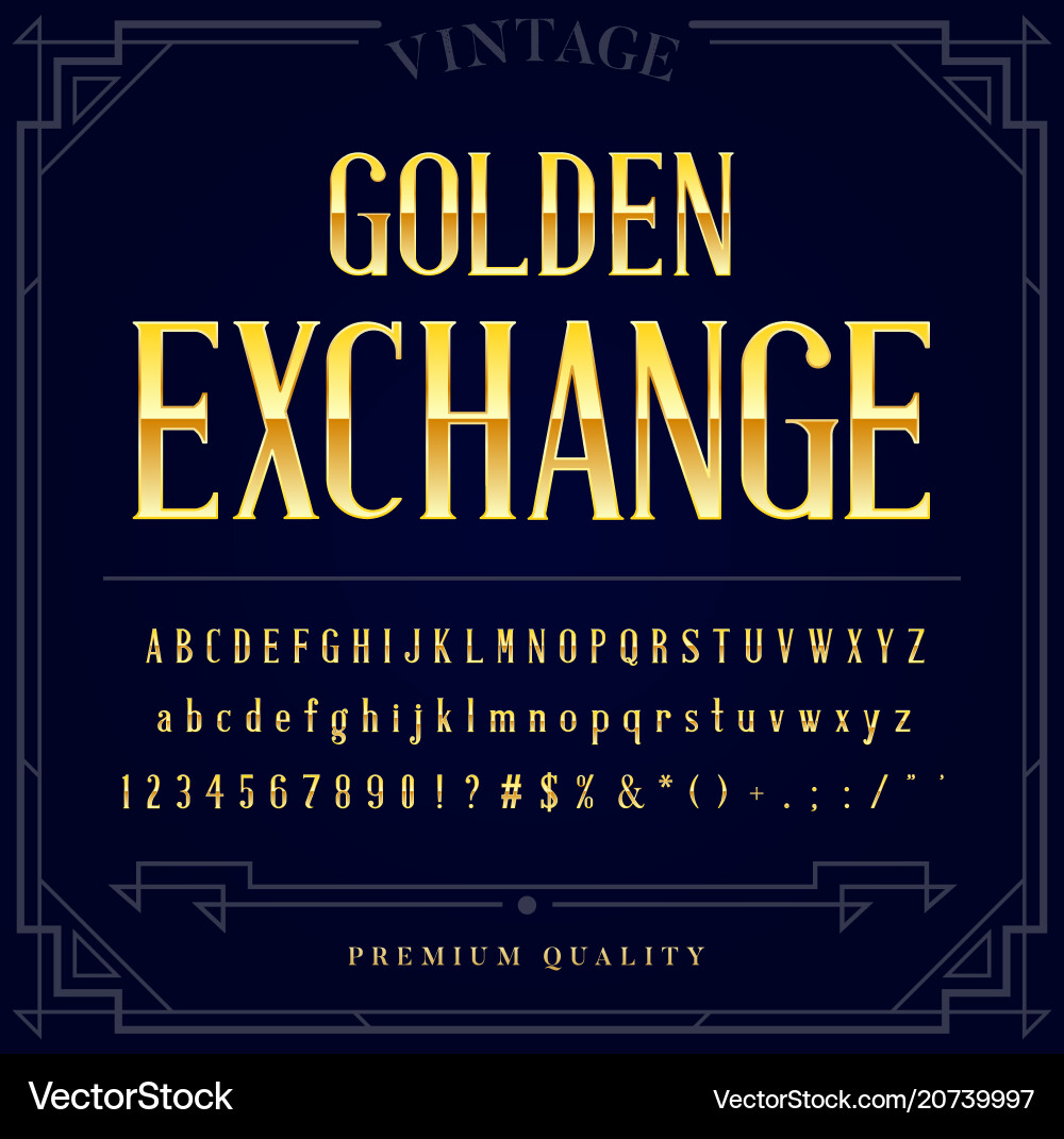 Gold metallic font set letters numbers Royalty Free Vector