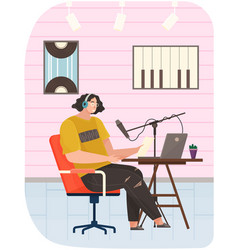 Podcaster talking to microphone recording podcast Vector Image