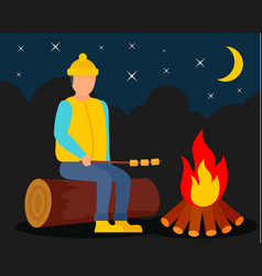 Boy scout character in uniform frying marshmallow Vector Image