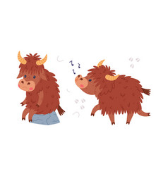 Cute yak character with dense fur and horns riding