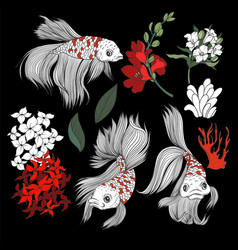 Seamless pattern with fish and flowers in graphic Vector Image