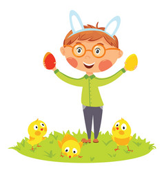 Baby in chick costume with decorative egg Vector Image