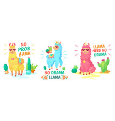 Funny llama with cactus isolated on white blue Vector Image
