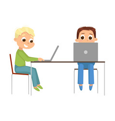 Boy in headphones studying online using computer Vector Image