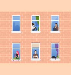 People in window frames inside red brick wall Vector Image