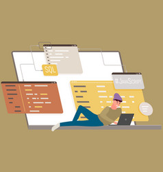 Young man programmer coding and correct errors Vector Image