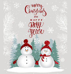 Cute snowmen couple hugging merry christmas card Vector Image