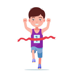 Cartoon boy running and winning a marathon Vector Image