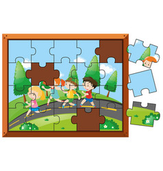 Jigsaw puzzle game with kids in park Royalty Free Vector