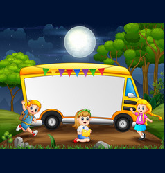 Border template with boys at night landscape Vector Image