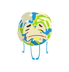Sad earth planet character with volcanoes erupting