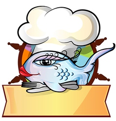 Funny yellow cartoon cook fish with blank sign Vector Image