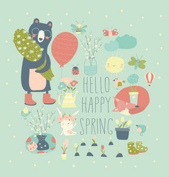 Set cartoon animals and spring elements Royalty Free Vector