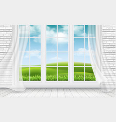 Window with curtains and winter landscape outside Vector Image