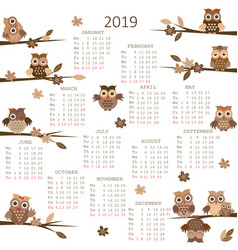 2020 calendar with cartoon owls Royalty Free Vector Image