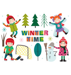 Set horizontal banners with kids in winter time Vector Image
