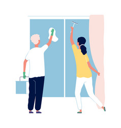 Cartoon man cleaning window with squeegee Vector Image