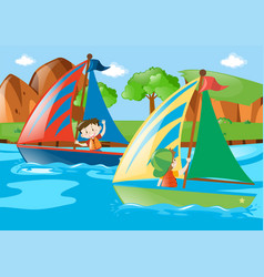 Four kids sailing boat in river Royalty Free Vector Image