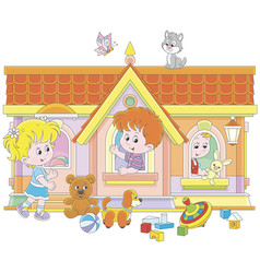 Children playing in a toy house Royalty Free Vector Image