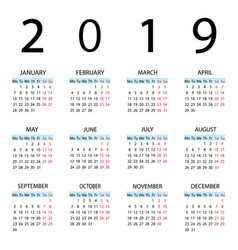Calendar 2019 year week starts with monday Vector Image