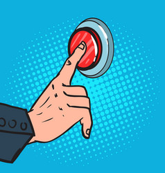 Pop art male hand pressing a big red button Vector Image