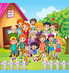 Cartoon happy family members in front yard of Vector Image