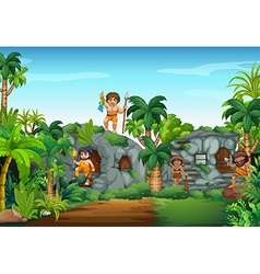 Border design with cavemen living at the cave Vector Image