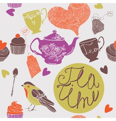 Tea time with cute cups freehand drawing sketch Vector Image