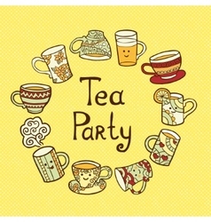 Tea party card with a stack cute colorful cups Vector Image