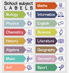 Labels with names and icons school subjects Vector Image