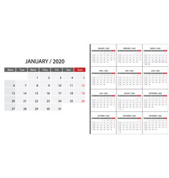 Traditional view calendar layout for 2020 year Vector Image