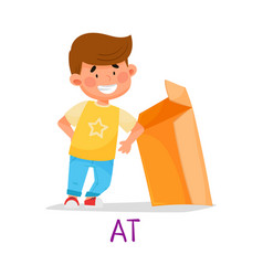 Cheerful boy standing between carton boxes as Vector Image