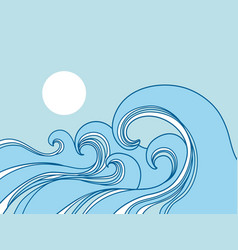 Sea waves outline blue with sun background Vector Image