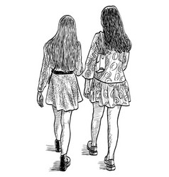 Sketch friends teen girls walking outdoors Vector Image