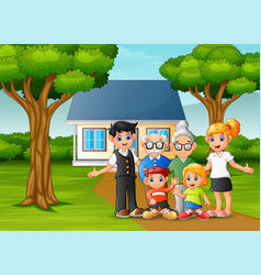 Cartoon happy family members in front yard of Vector Image