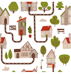 Cartoon map seamless pattern with houses and roads