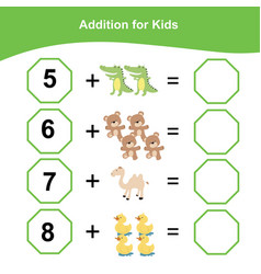 Animals addition game worksheet for kids Vector Image