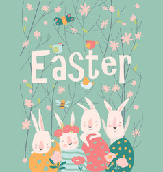 Cute cartoon bunny with easter eggs and flowers Vector Image