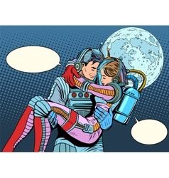 Kiss space man and woman astronauts Royalty Free Vector