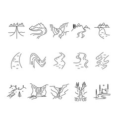 Simple mountains valleys and rivers icons Vector Image