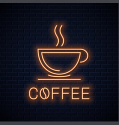 Glowing neon coffee cup sign on a dark brick wall Vector Image