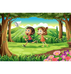 Five girls playing in the middle of the forest Vector Image