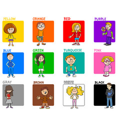 Basic colors educational page with kids Royalty Free Vector