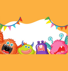 Cute happy monster friends with banner frame Vector Image