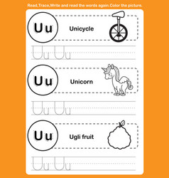 Alphabet letter u-unicorn exercise with cartoon Vector Image