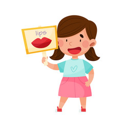 Smiling girl character holding flashcard with lips