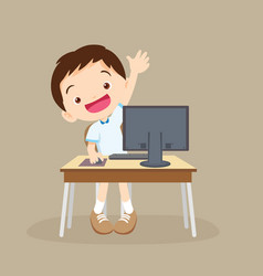 Student boy learning computer hand up Royalty Free Vector