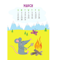 March calendar page with cute rat in camping Vector Image