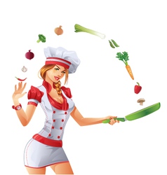 Cute curly hair girl chef offers a taste of pizza Vector Image
